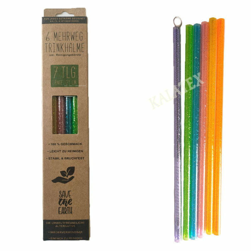 Trinkhalm Mehrweg bunt 21cm 6er mit Bürste - Großhandel für Wiederver